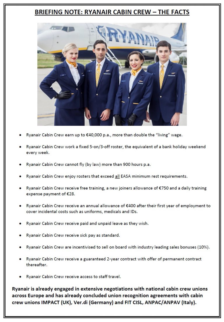 Briefing Note: Ryanair Cabin Crew – The Facts – Ryanair's Corporate Website