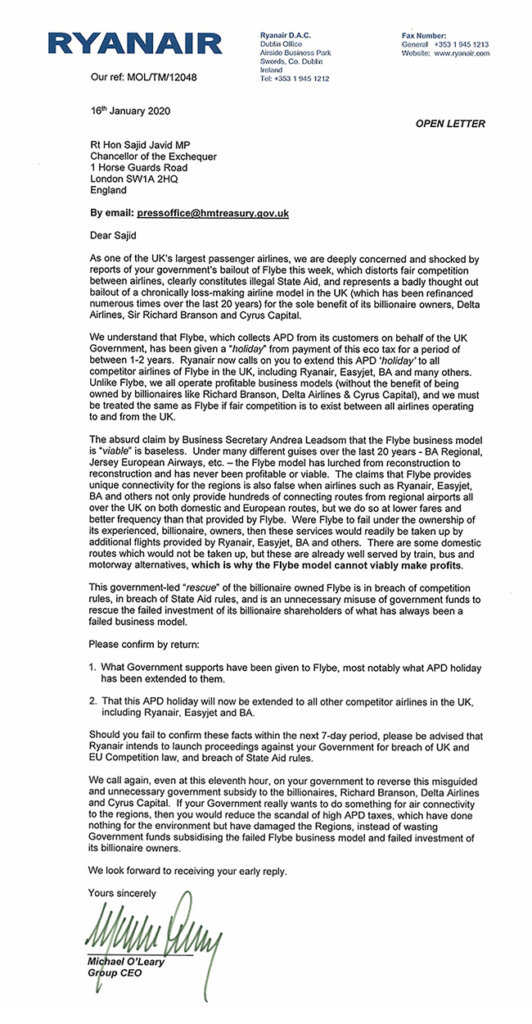Ryanair Calls On Chancellor Sajid Javid To Extend Flybe APD ‘Holiday ...