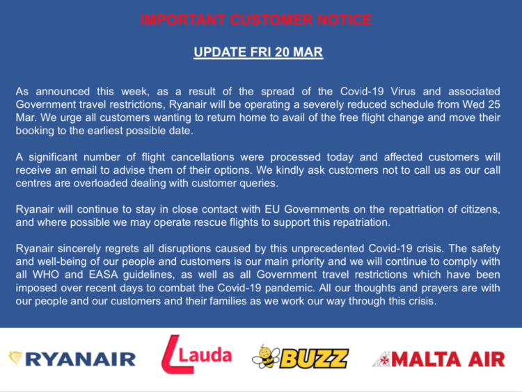 IMPORTANT CUSTOMER NOTICE – UPDATE FRI 20 MAR – Ryanair's Corporate Website