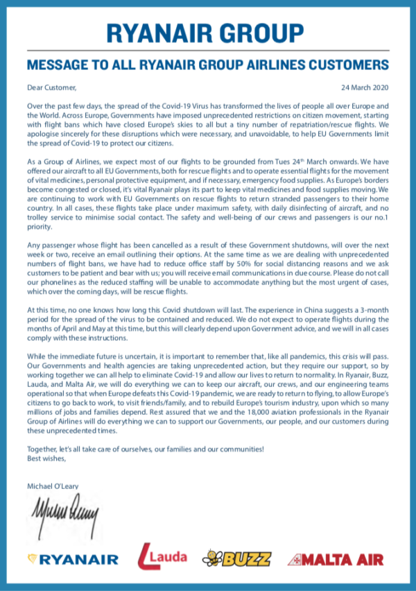 MESSAGE TO ALL RYANAIR GROUP AIRLINES CUSTOMERS – Ryanair's Corporate ...